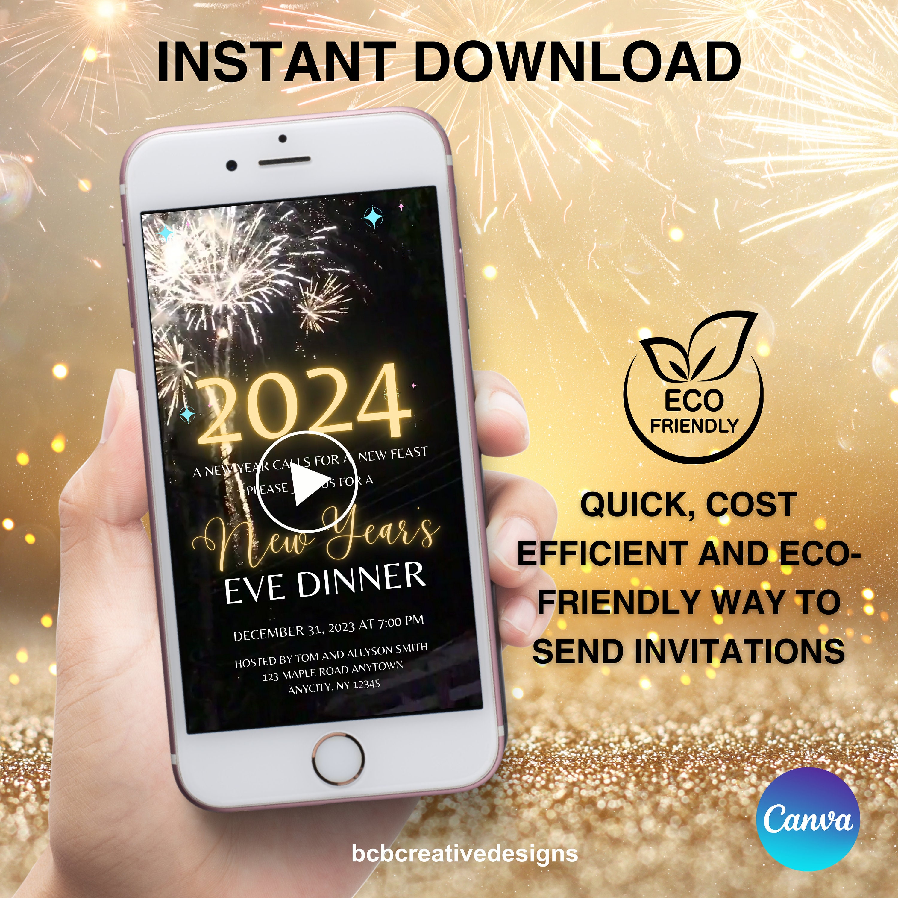 EDITABLE New Year's Eve Dinner VIDEO Invitation, 2024 New Year's Eve ...