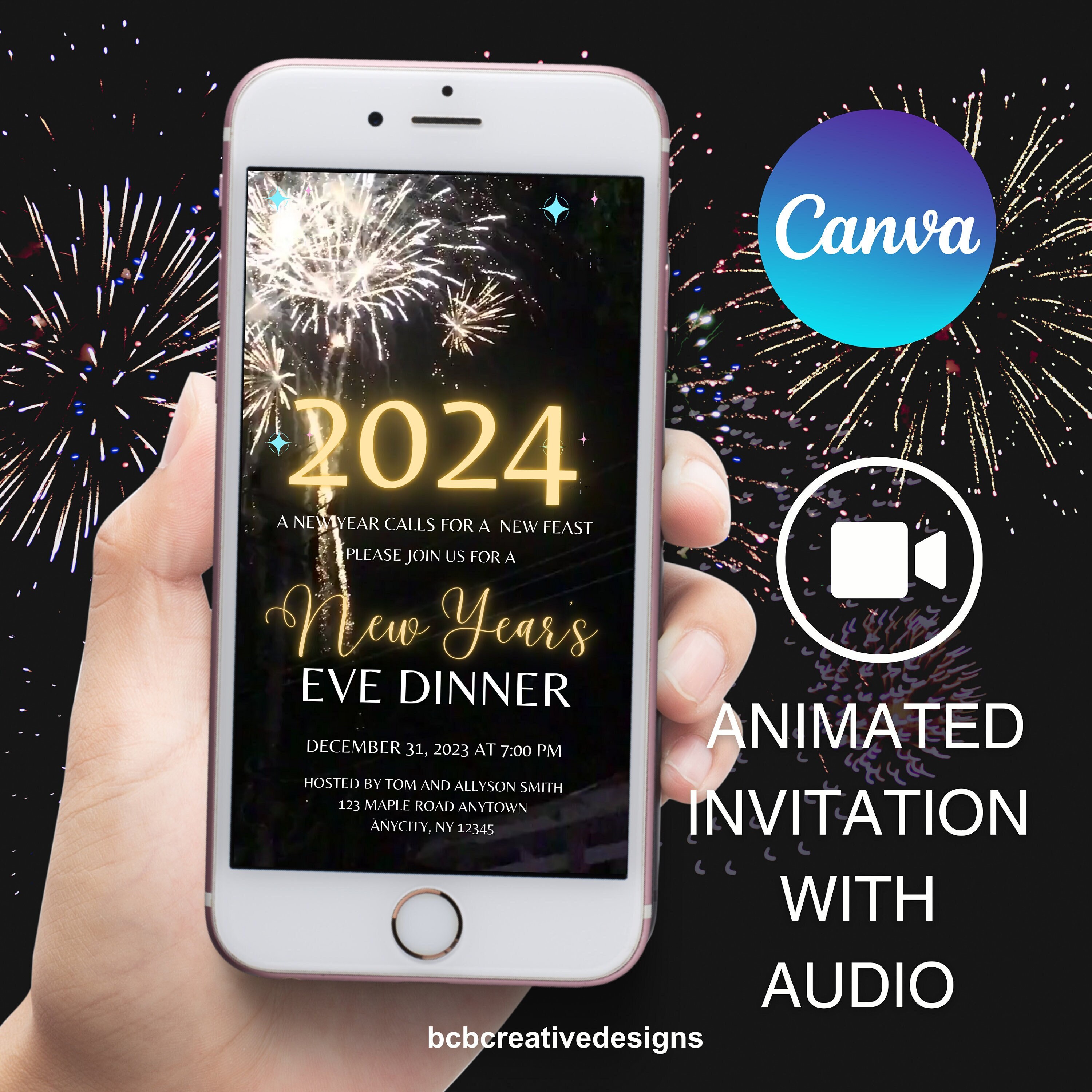 EDITABLE New Year's Eve Dinner VIDEO Invitation, 2024 New Year's Eve ...