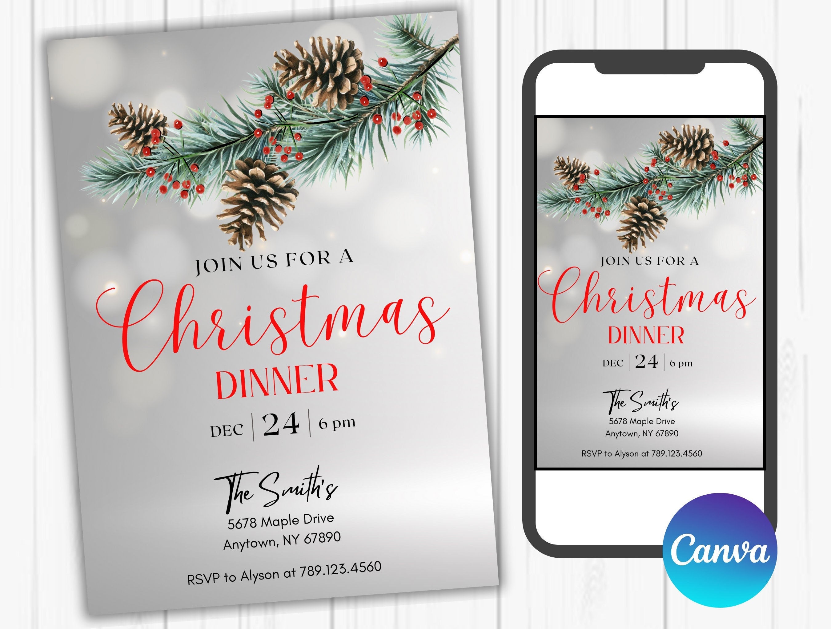 Editable Christmas Dinner Invitation: Pine Cone Design (digital ...