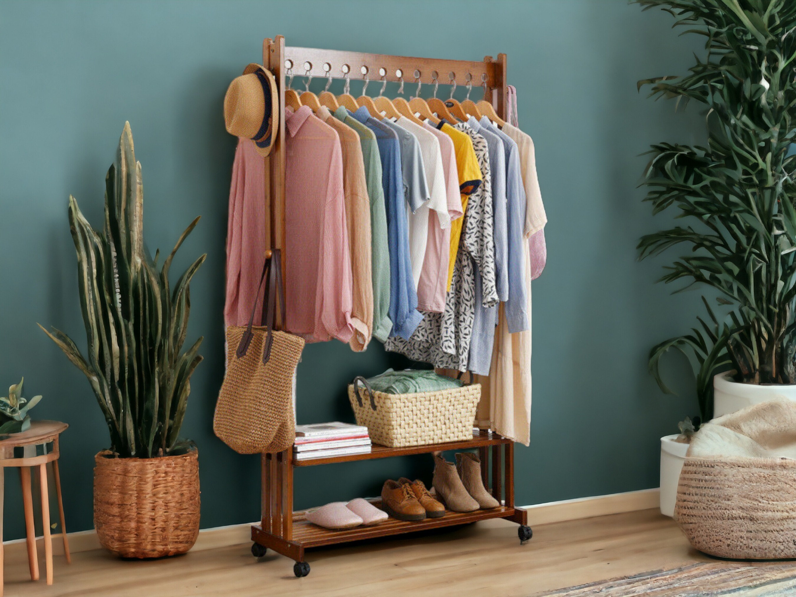 Wooden Rustic Heavy Duty Wooden Clothes Rail Rack Rolling Garment Shoes ...