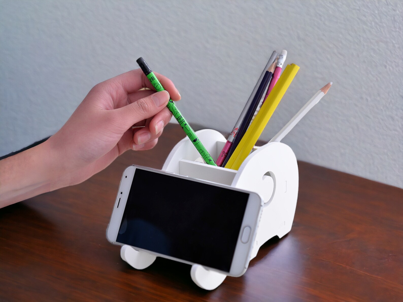 Wooden Chic Desk Pen Pot Tidy Organiser, Wooden Phone Holder, Pencil ...