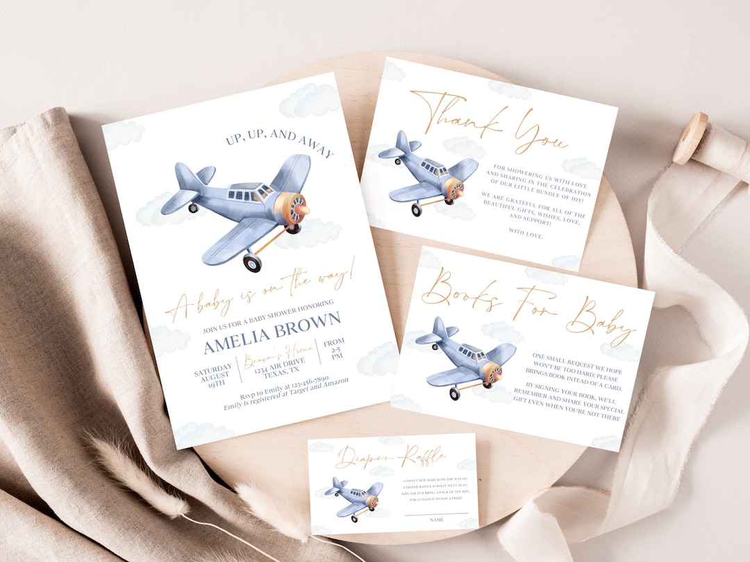 Blue Airplane Baby Shower Invitation Set, Printable up up and Away ...