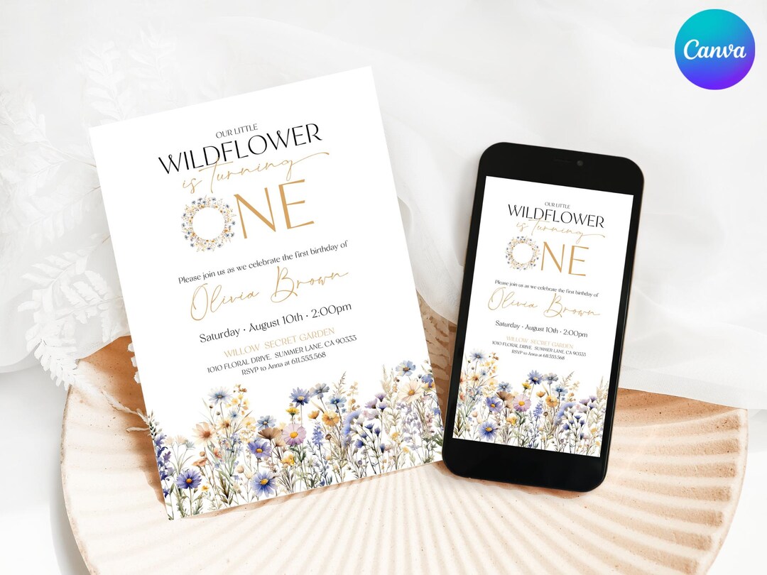 Boho Flower 1st Birthday Invitation Template, Digital Spring First Birthday Evite, Wildflower ...