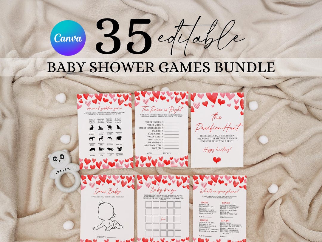 Pink Hearts Baby Shower Game Bundle, Sweetheart Baby Shower Games Set ...