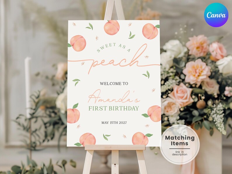 One Sweet Peach Welcome Sign, Peach 1st Birthday Party Decor, Sweet as ...