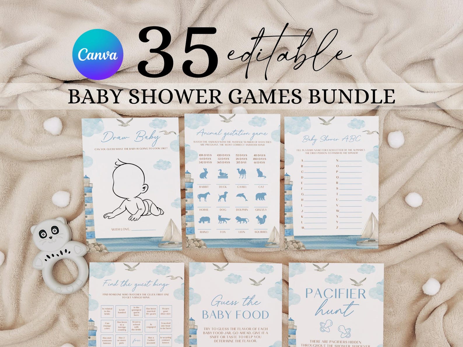Little Sailor Baby Shower Games Bundle, Nautical Baby Shower Game Set ...