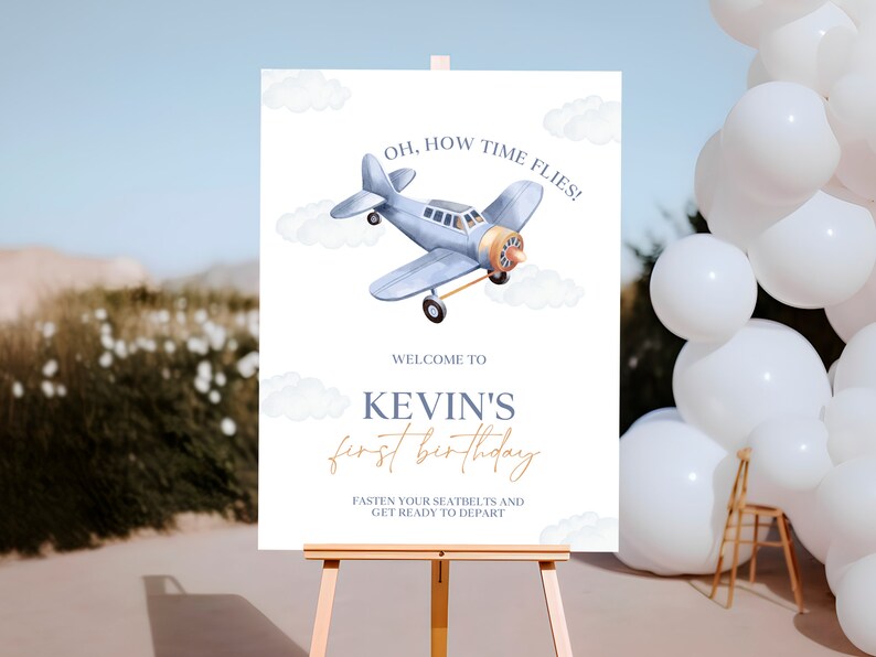 Airplane Birthday Welcome Sign, Time Flies 1st Birthday Welcome Poster ...