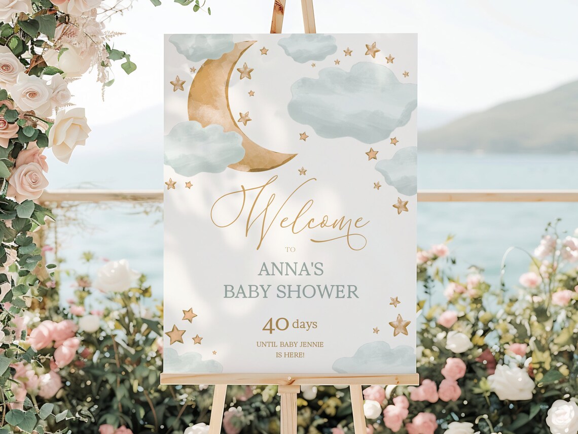 Over the Moon Baby Shower Welcome Sign Moon Stars Welcome Sign ...