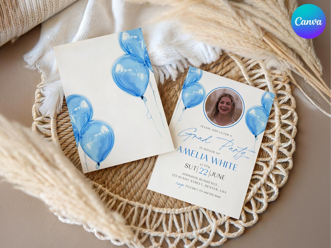 Balloons Graduation Invitation Card, Blue Grad Party Invitation ...