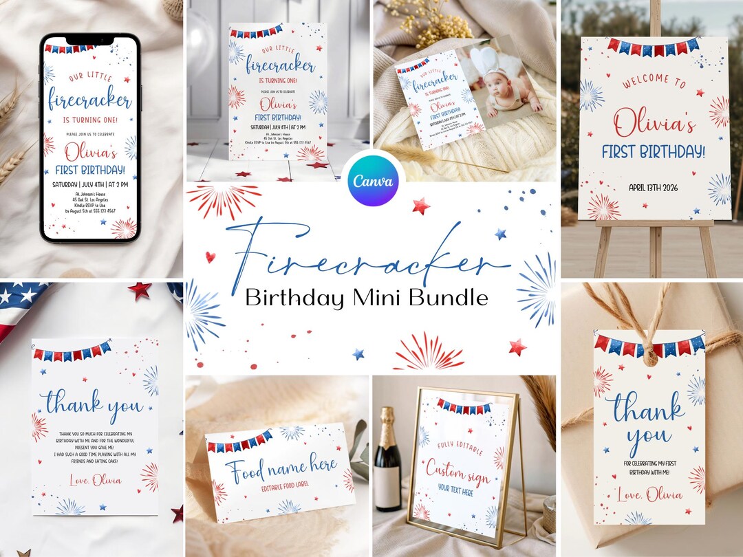 Firecracker 1st Birthday Party Package, 4th of July Birthday Bundle ...