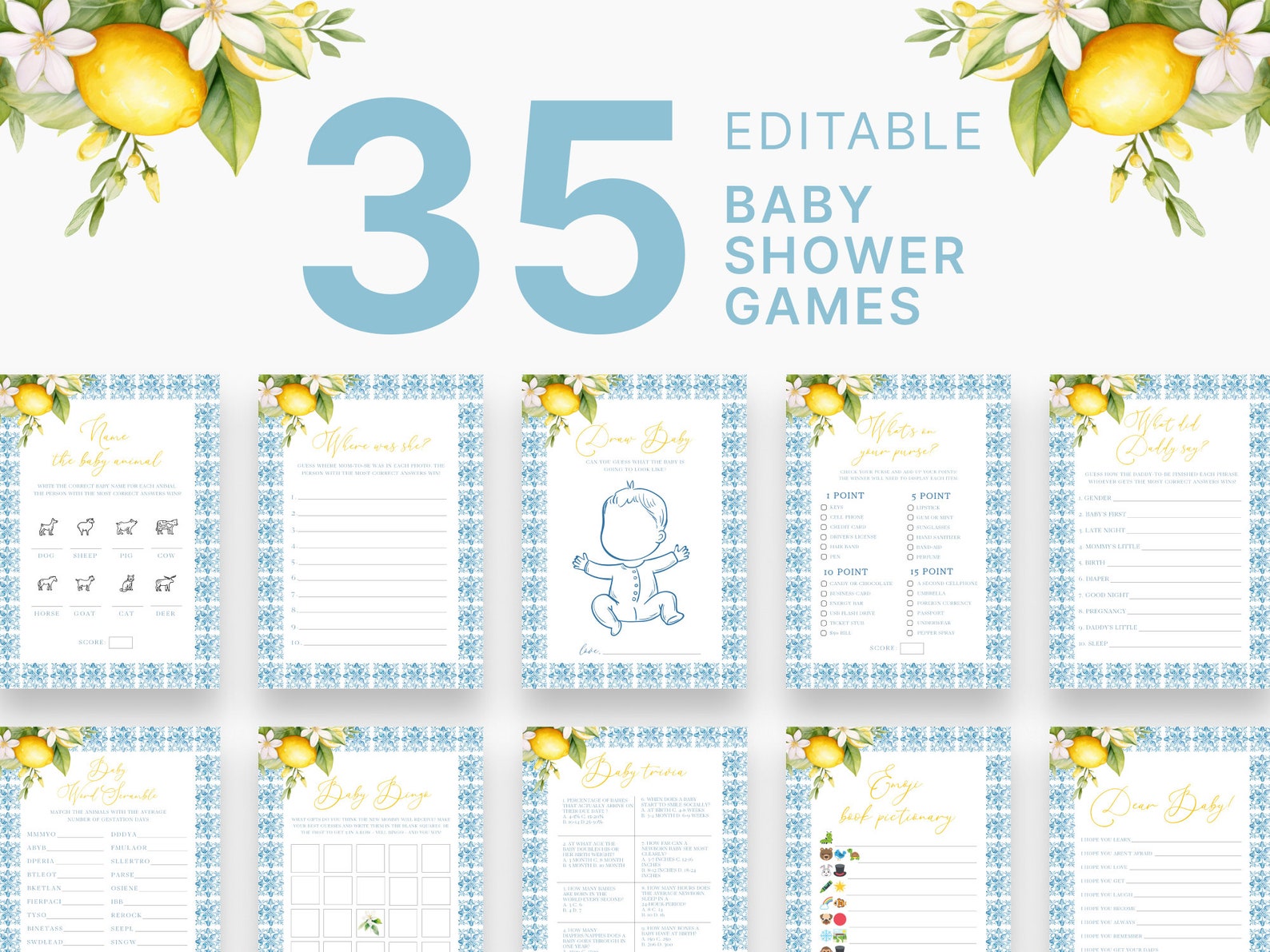 Lemonade Baby Shower Game Bundle, Citrus Baby Shower Activities, Summer ...