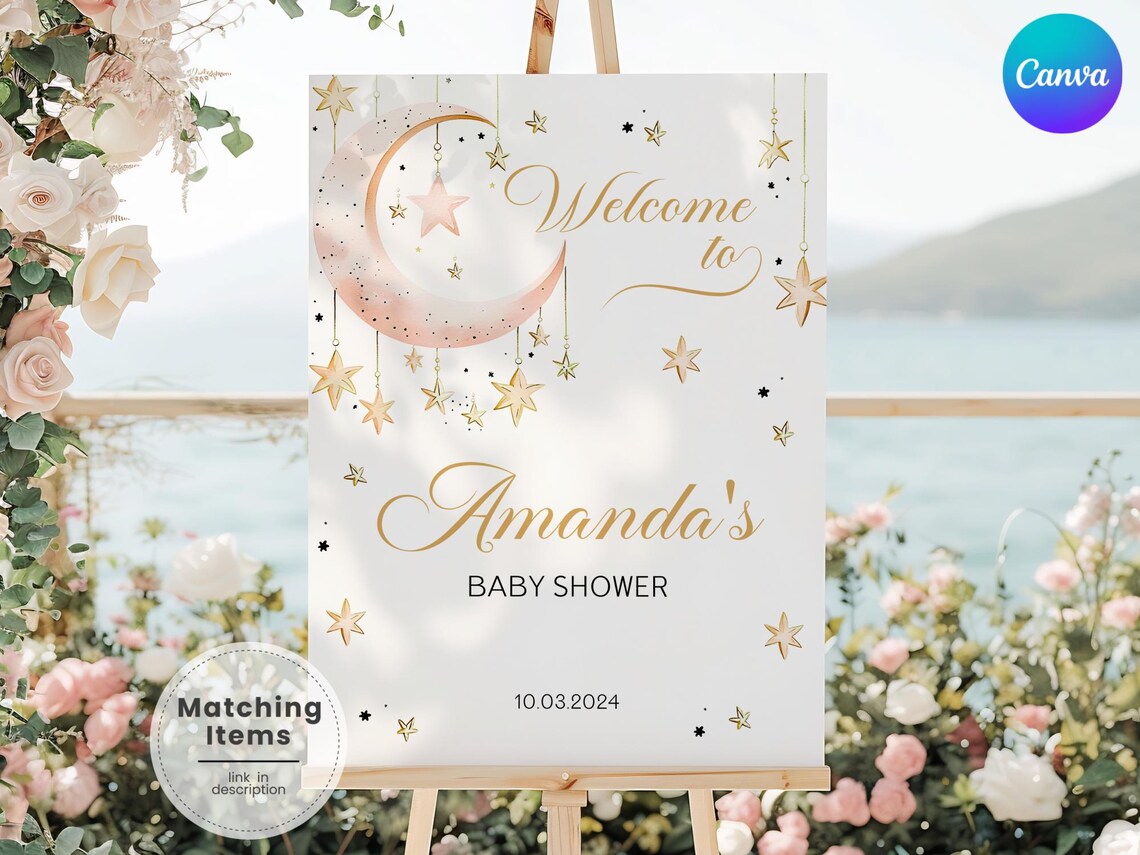 Over the Moon Baby Shower Welcome Sign Moon Stars Welcome Sign Border ...