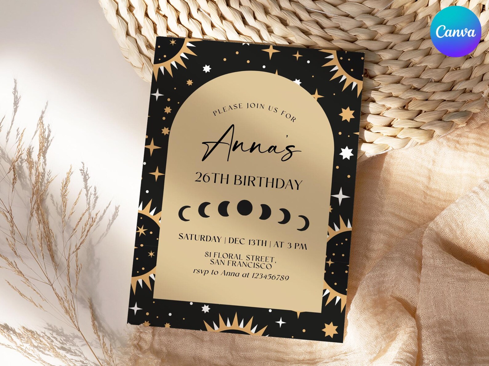 Celestial Birthday Invite, Moon Phases 26th Birthday Invitation, Starry ...