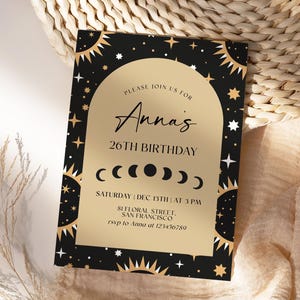 Celestial Birthday Invite, Moon Phases 26th Birthday Invitation, Starry ...