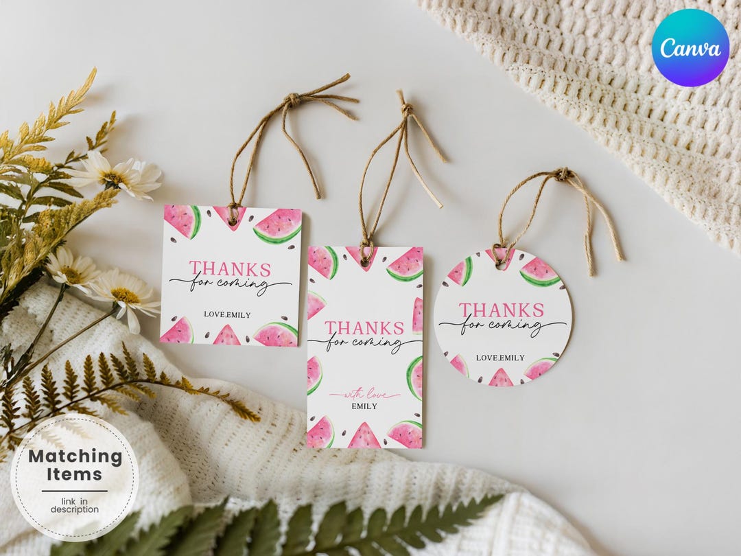 Pink One in a Melon Birthday Thank You Tags, Editable Watermelon First ...