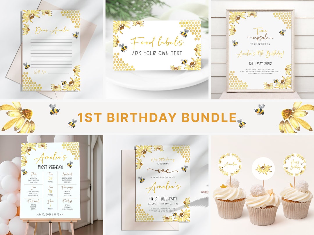 First Bee Day Invitation Bundle Honey Bee First Birthday Pack Bee 1st ...