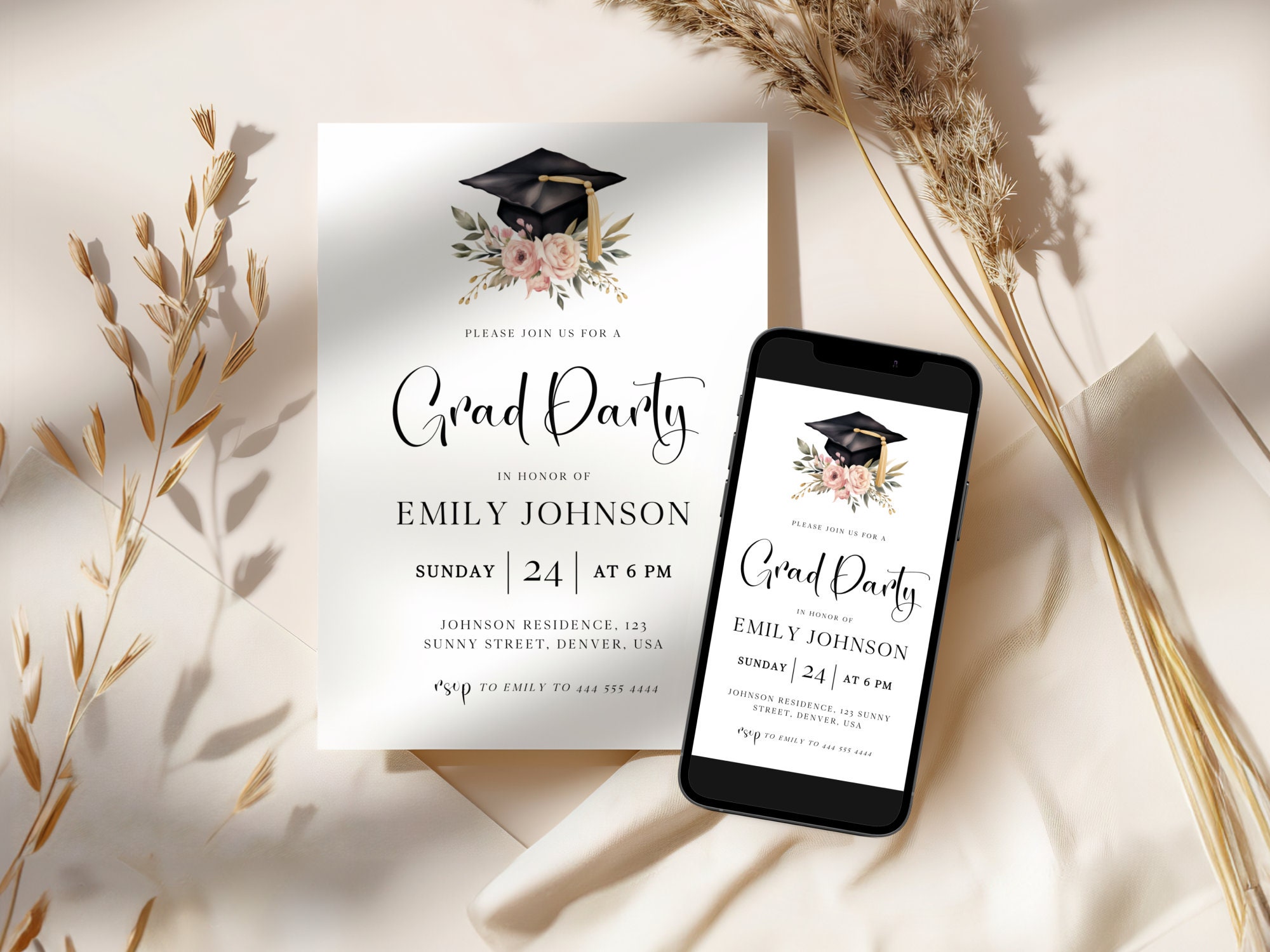 Boho Graduation Party Invitation Minimalist Graduation Invite Girls ...