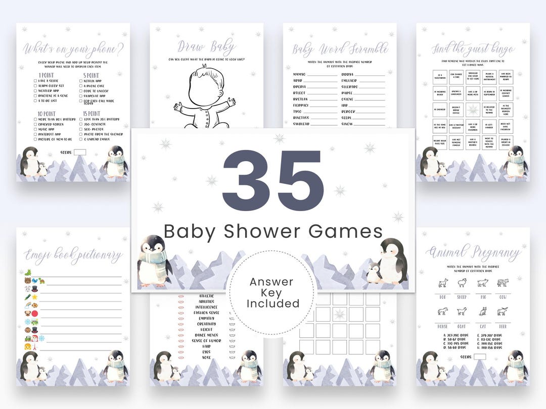 Penguin Shower Games Bundle, Snow Baby Shower Game Package, Winter Baby ...
