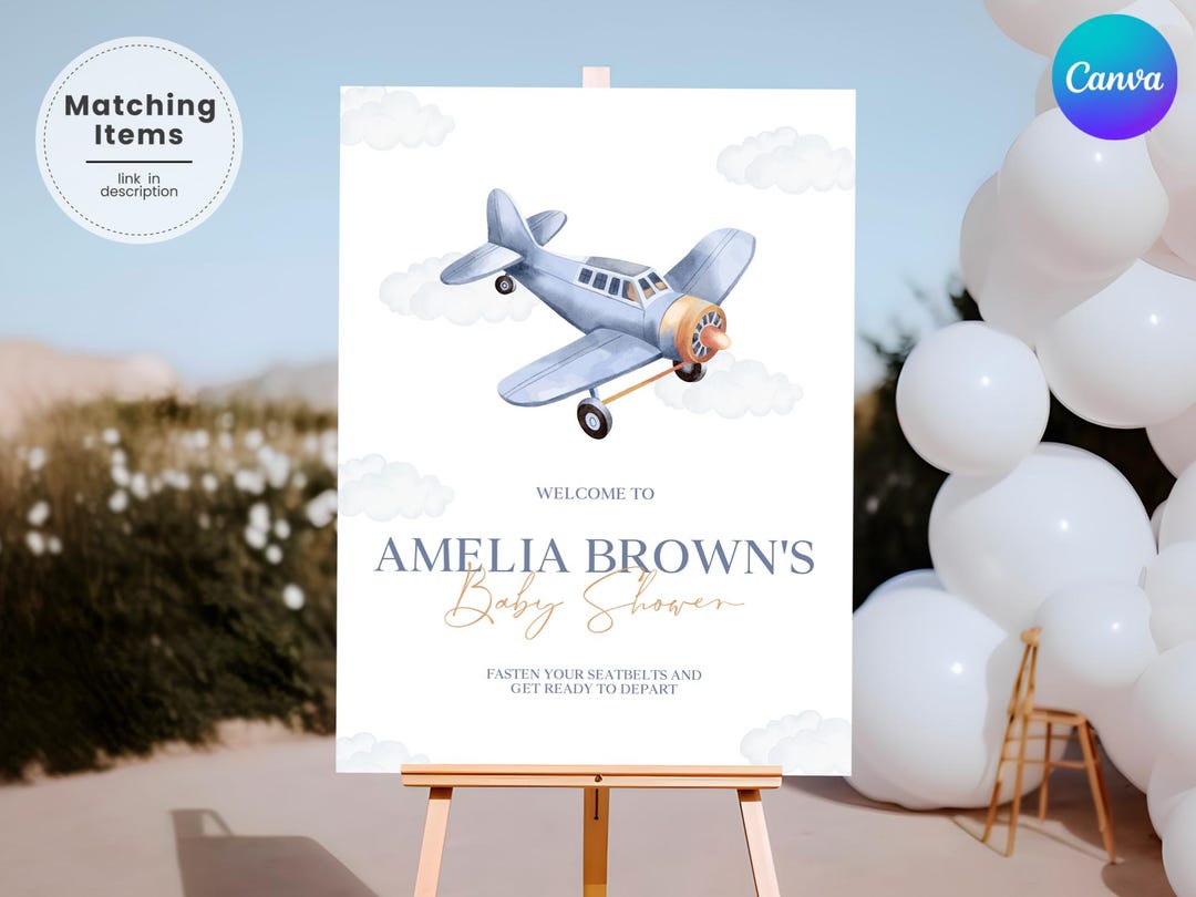 Airplane Baby Shower Welcome Sign, up up and Away Decor Welcome Poster ...