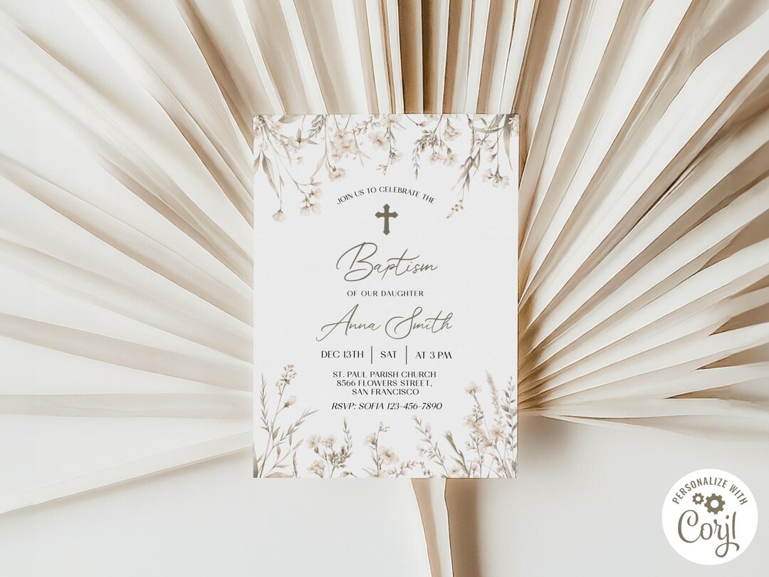 Boho Catholic Baptism Invitation, Printable White Floral Baptism Invite ...
