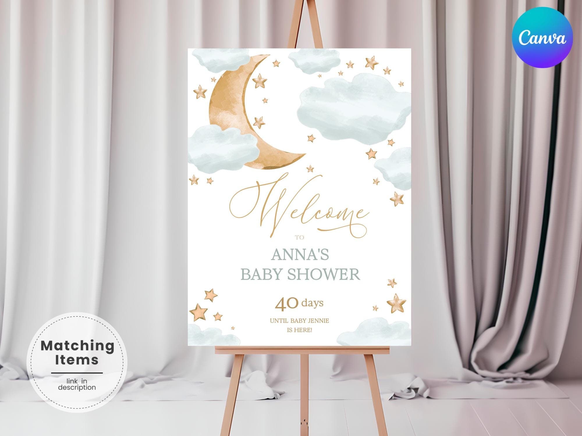 Over the Moon Baby Shower Welcome Sign Moon Stars Welcome Sign ...