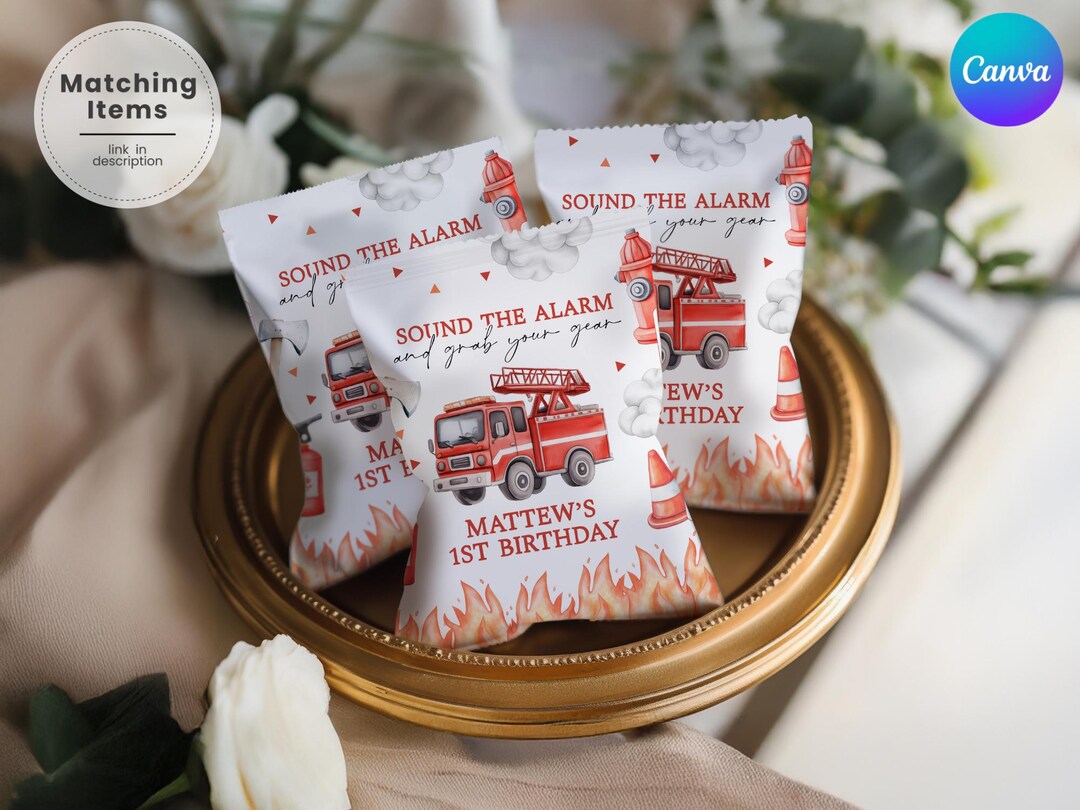 Fire Truck Custom Chips Bag – Printable Fireman Party Favor Wrapper ...