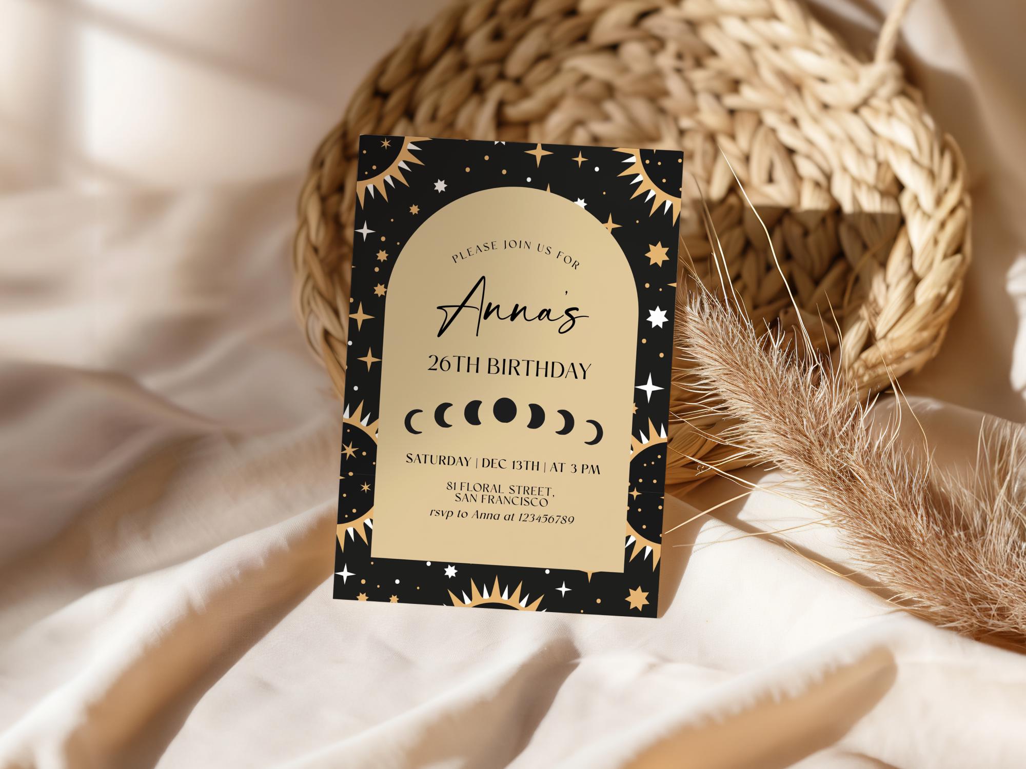 Celestial Birthday Invite, Moon Phases 26th Birthday Invitation, Starry ...