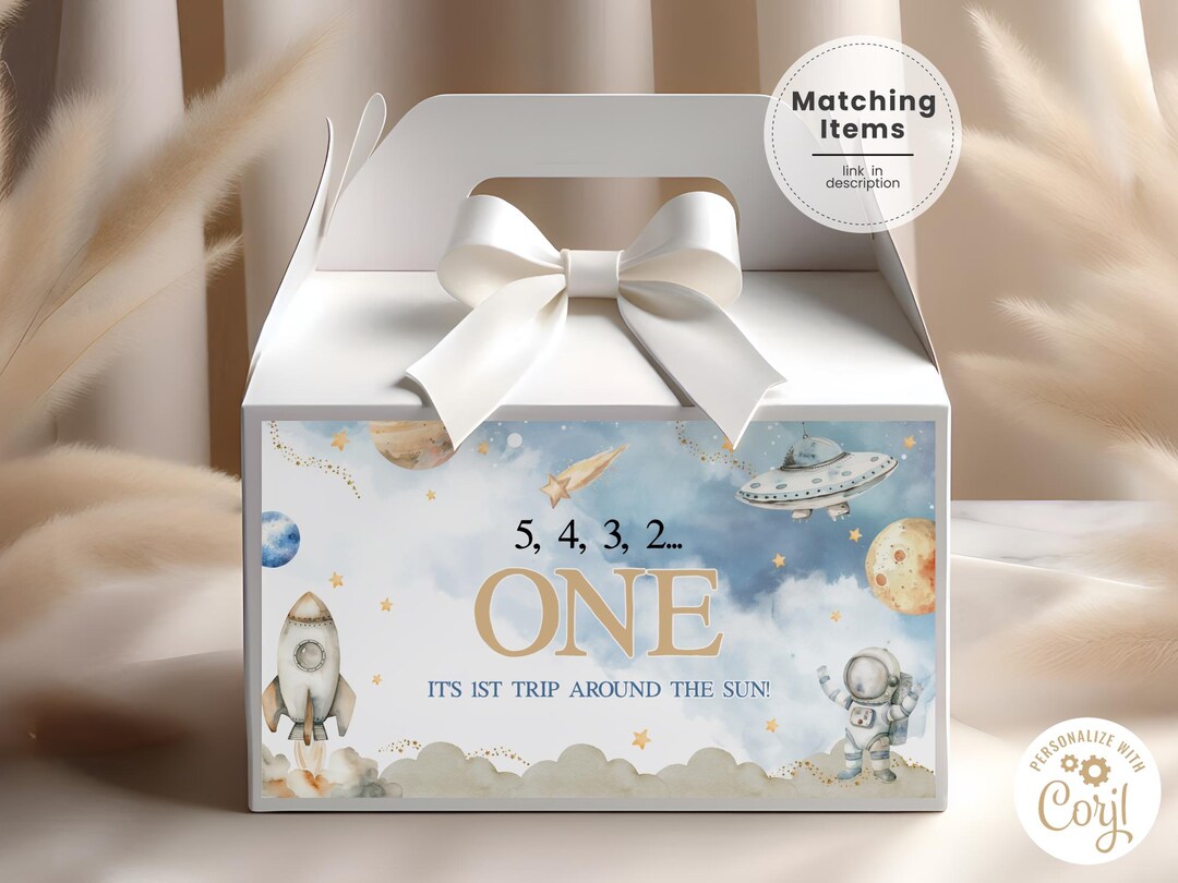Space 1st Birthday Gable Box Label, First Trip Around the Sun Favor Box ...