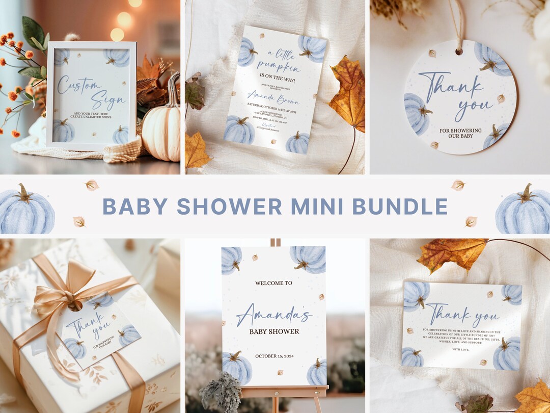 Blue Pumpkin Baby Shower Bundle, Little Pumpkin Shower Invite Set, Fall ...
