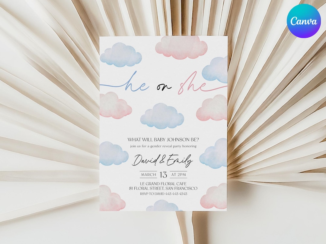 Editable Cloud Gender Reveal Party Invite, Blush Pink and Blue Reveal ...