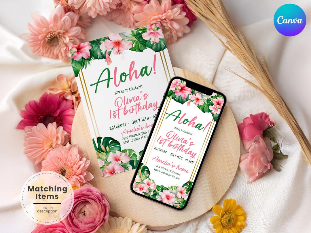 Aloha 1st Birthday Invitation Set, Hawaiian First Birthday Evite, Luau ...