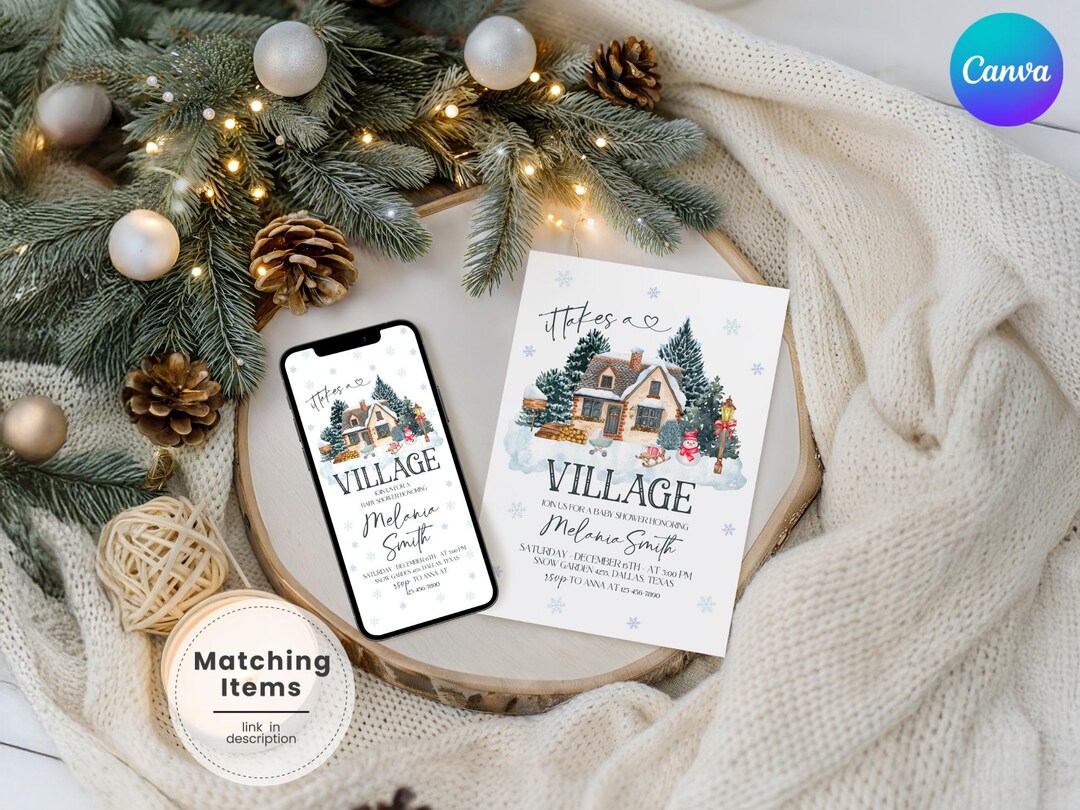 It Takes a Village Baby Shower Invite Set – Rustic Winter Theme ...