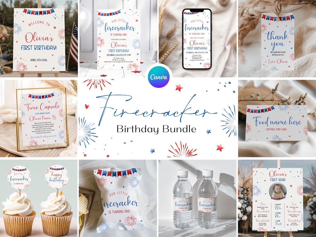 Little Firecracker 1st Birthday Bundle, Editable Firecracker First ...