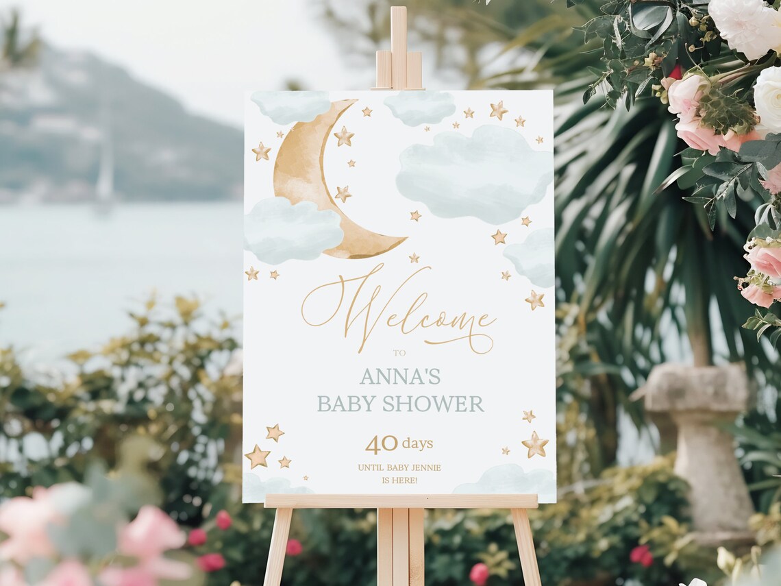 Over the Moon Baby Shower Welcome Sign Moon Stars Welcome Sign ...