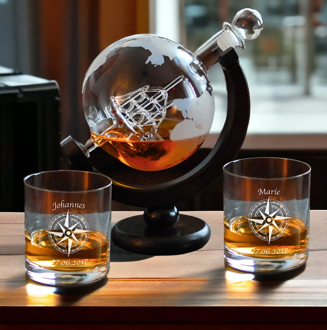 Personalised Whiskey Decanter Set Round Glass With Sailing - Etsy