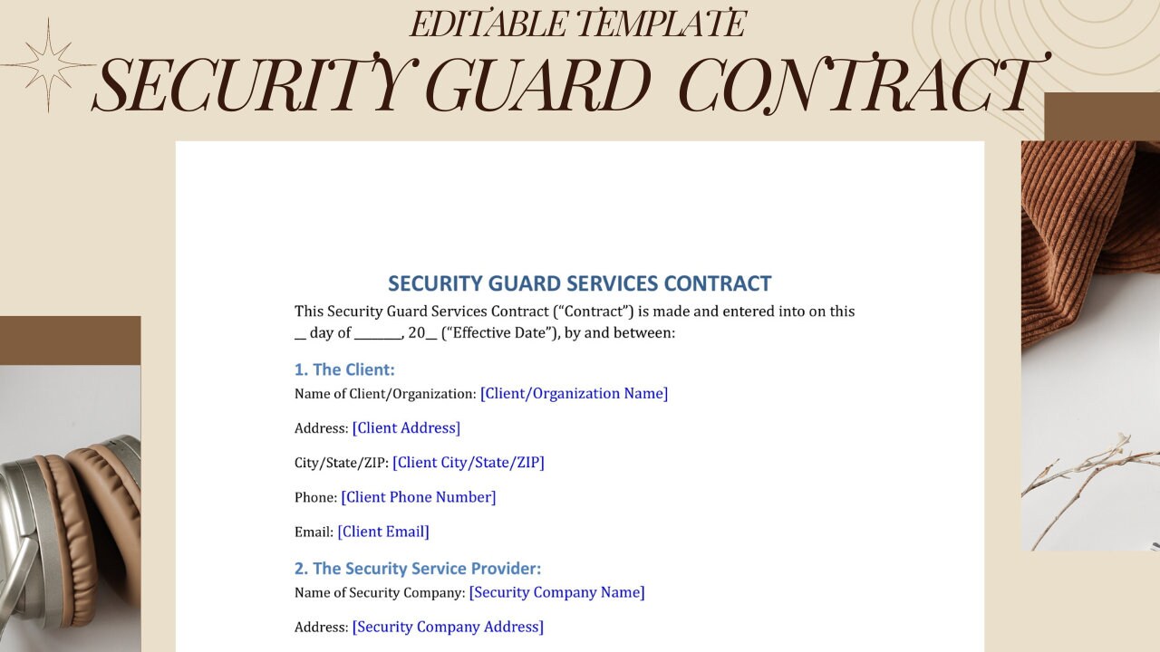 Editable Security Guard Contract Template: PDF & Word (digital Download ...