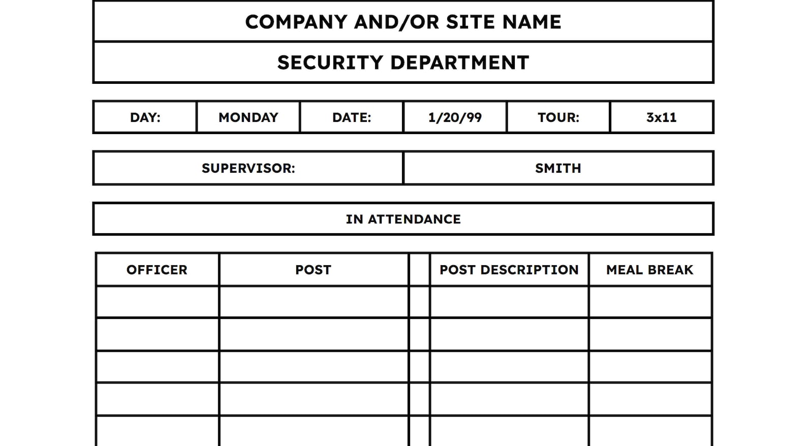 Security Guard Roll Call Template | Easy-to-use Attendance & Training ...