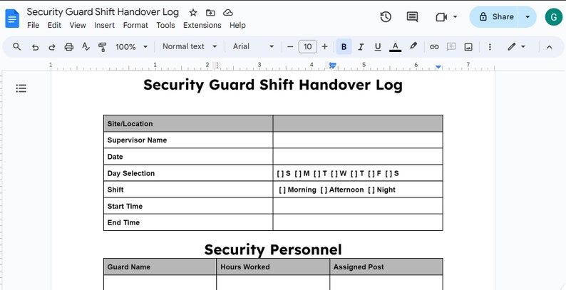 Printable Downloadable Customizable Security Guard Shift Handover Log ...