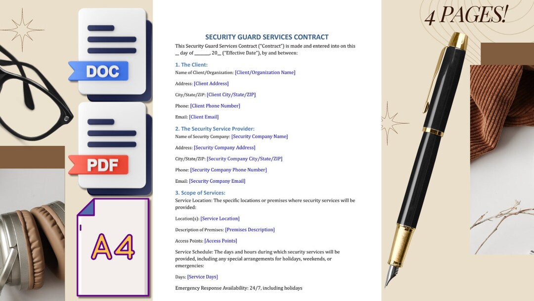 Editable Security Guard Contract Template: PDF & Word (digital Download ...