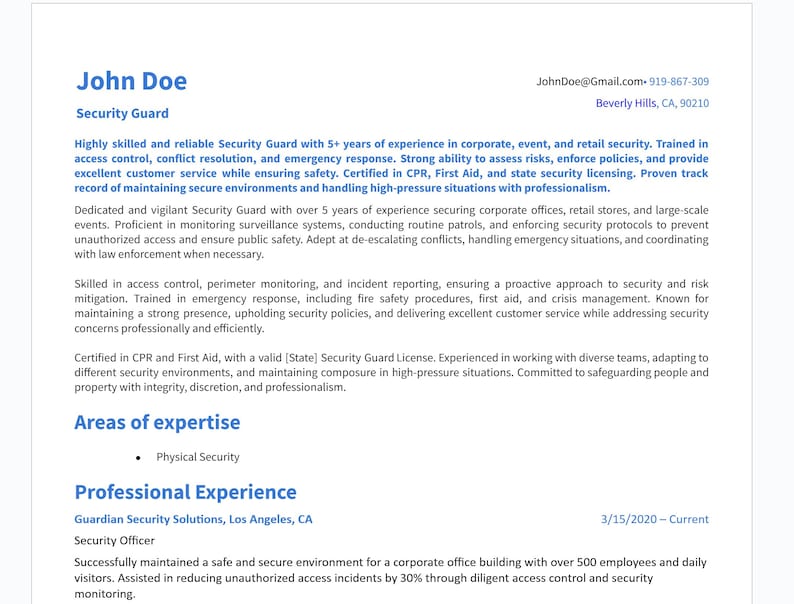 Security Guard Resume Generator: 24 Hour Delivery - Etsy