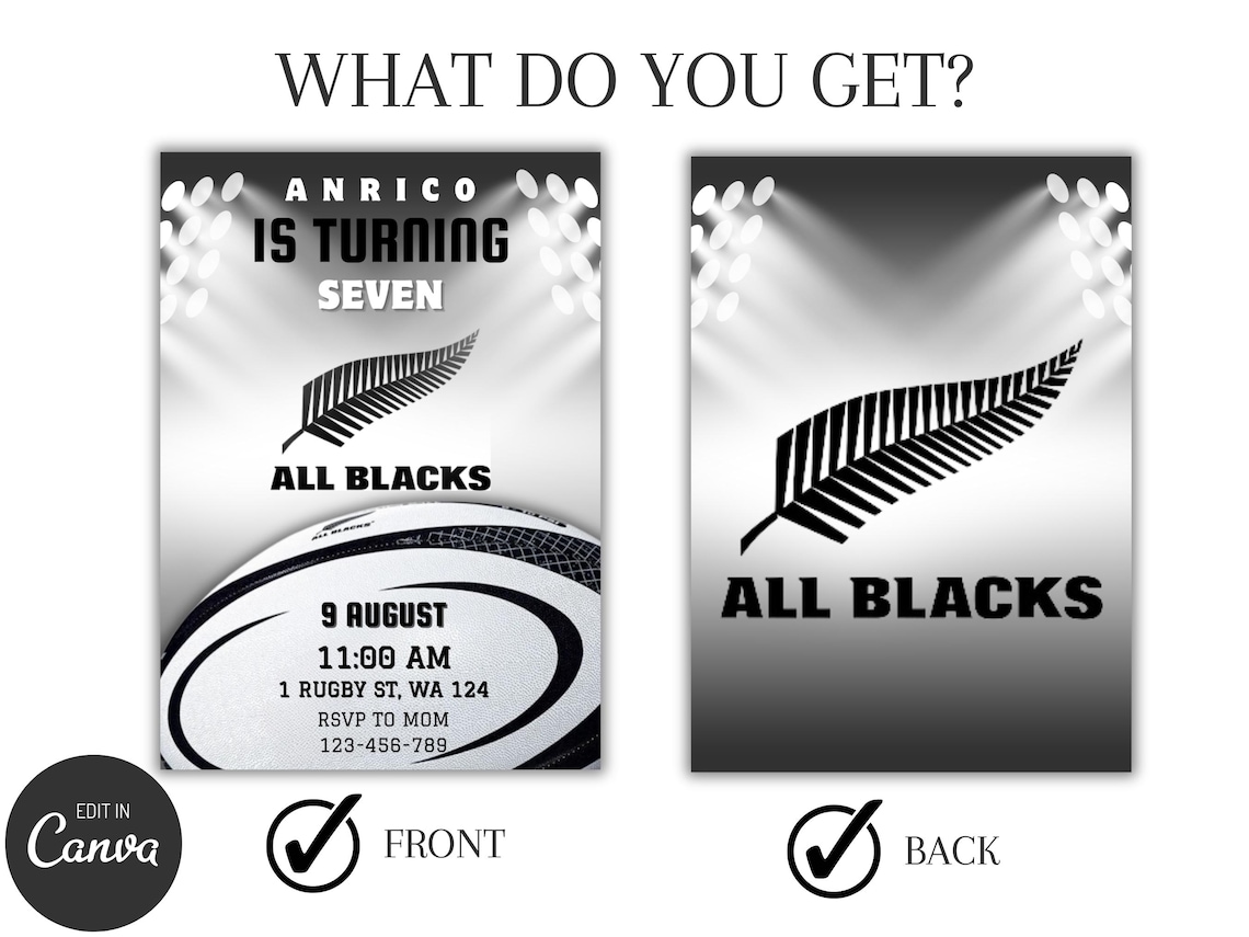 All Blacks Birthday Invitation All Blacks Rugby Invitation Birthday ...