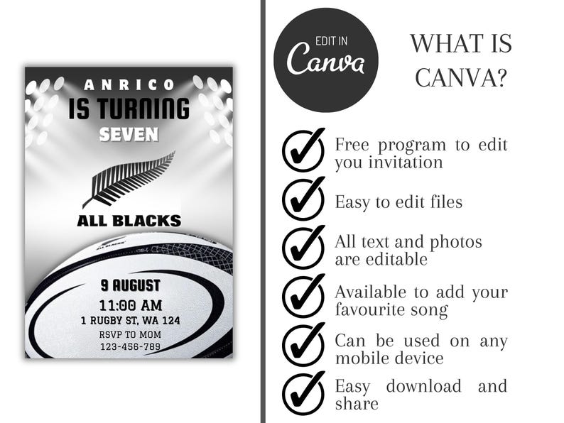 All Blacks Rugby Birthday Invitation for Boys - Etsy