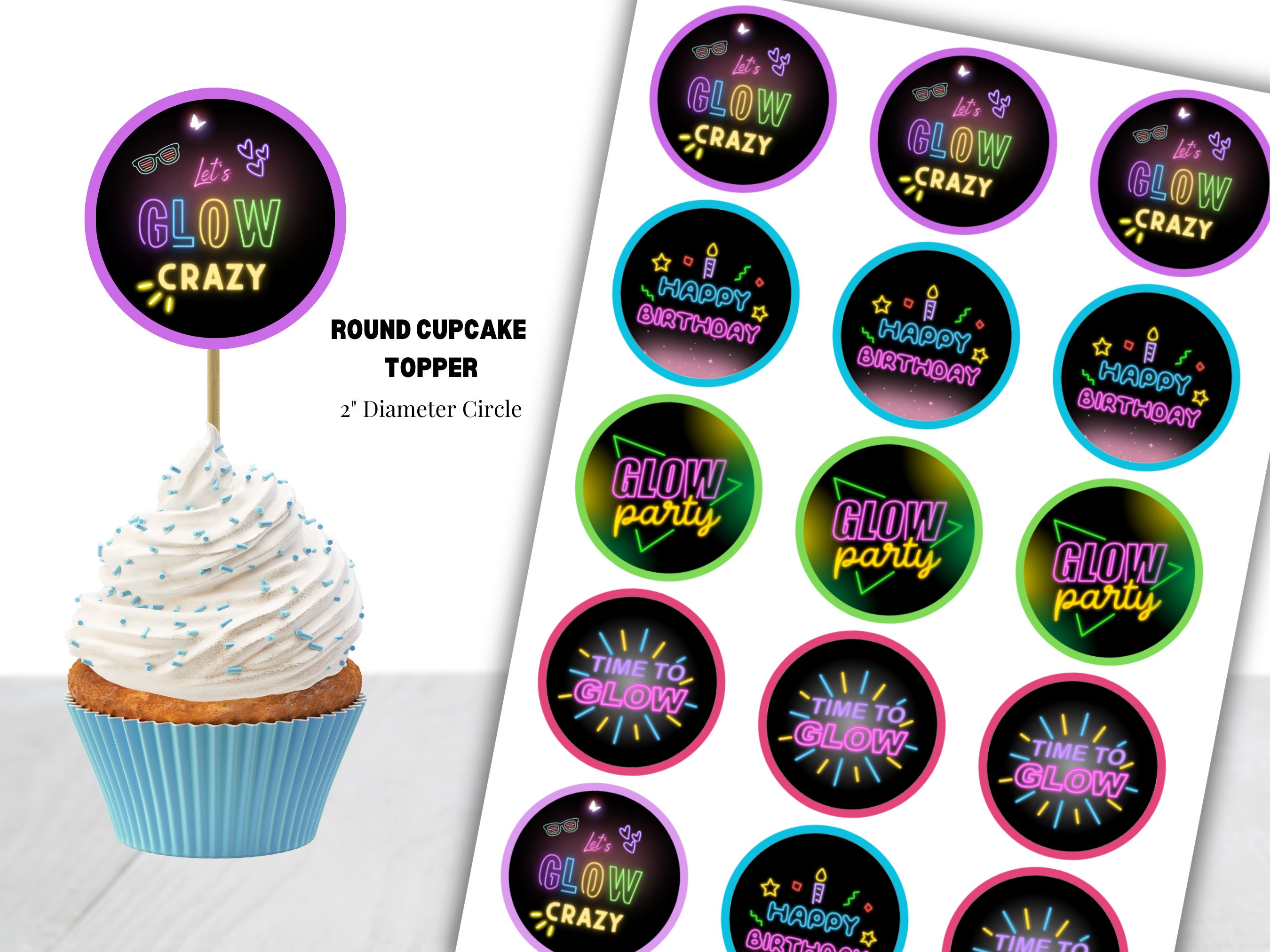 Glow Cupcake Toppers Birthday Favors Glow in the Dark Party Cupcakes ...