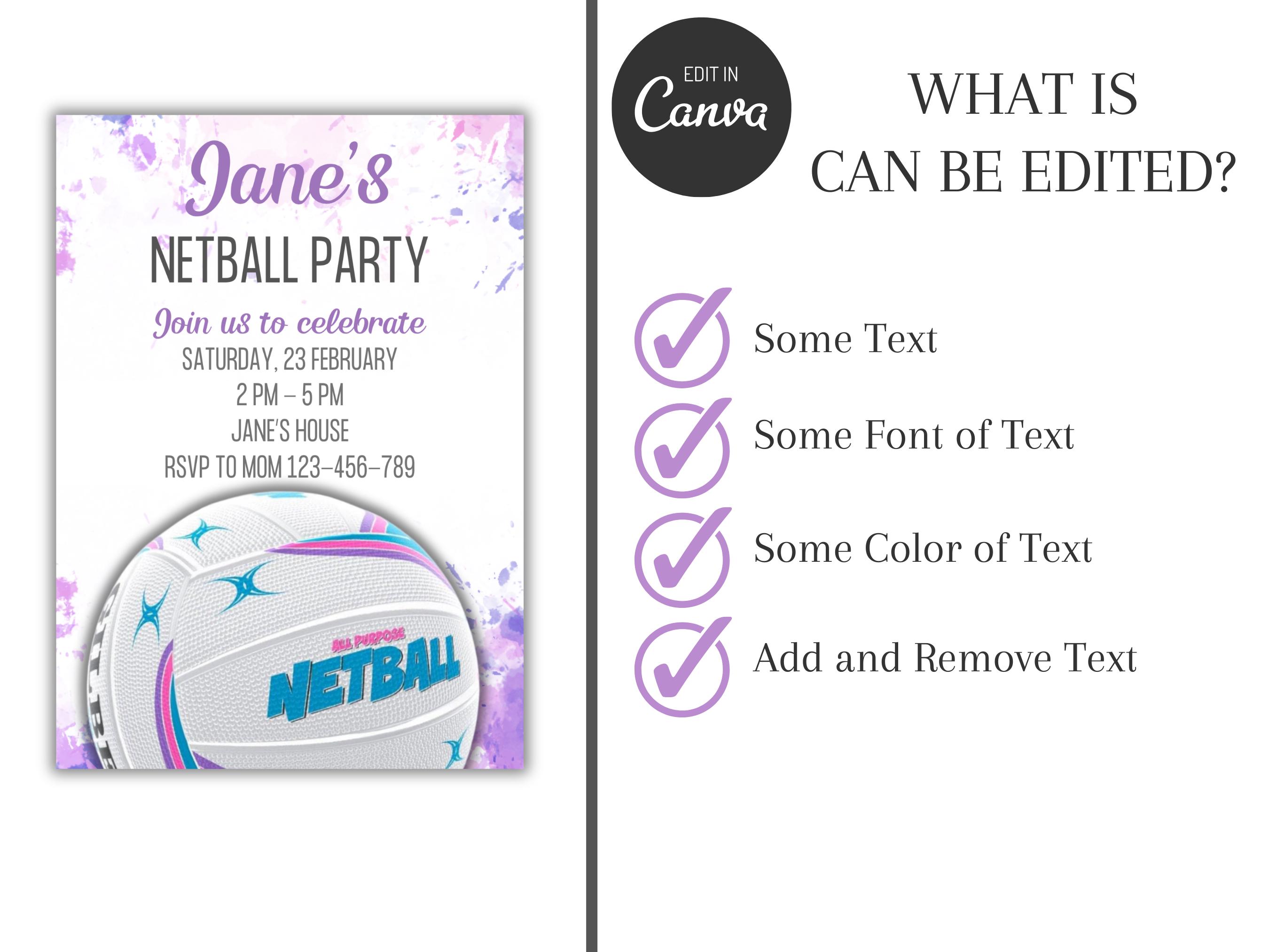 Netball Invitation Netball Birthday Invitation Netball Birthday Party ...
