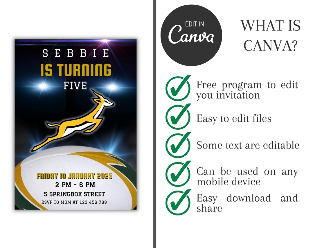 Springboks Rugby Birthday Invitation: Editable Party Invite (5x7 Inch ...