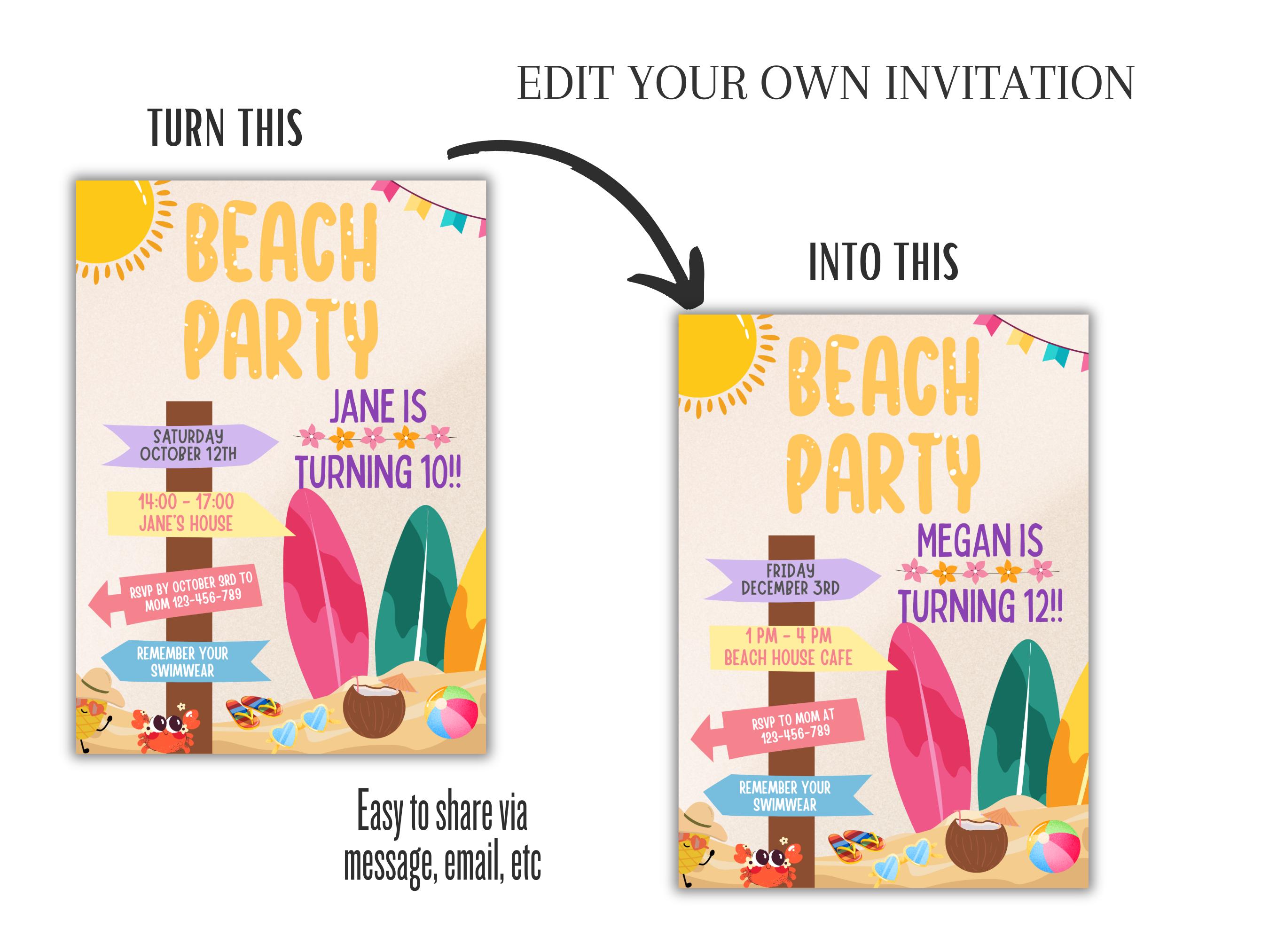 Beach Party Birthday Invitation Beach Party Invitation Birthday Invite ...