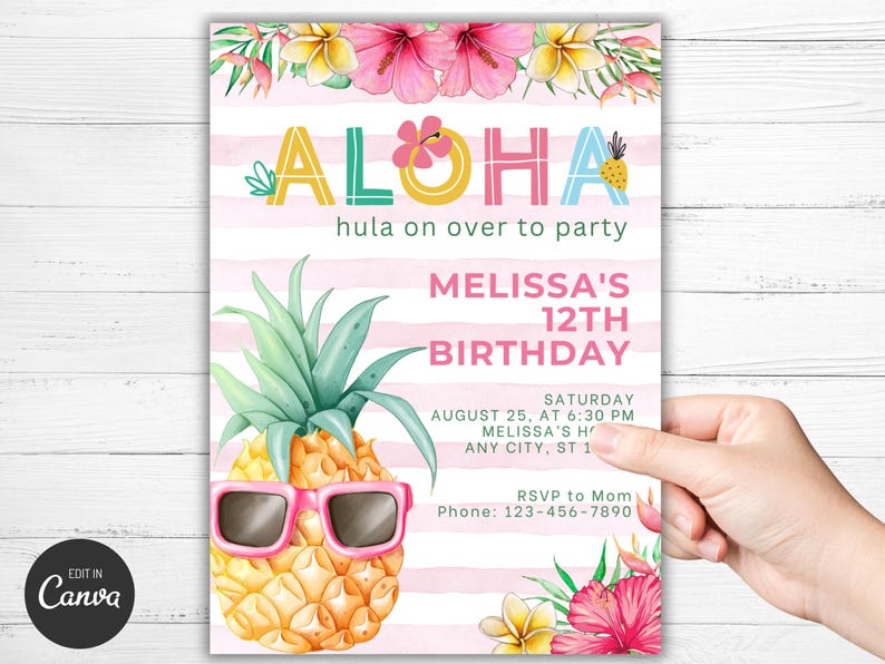 Editable Hawaiian Invitation Luau Birthday Party Hawaiian Invite Pool ...