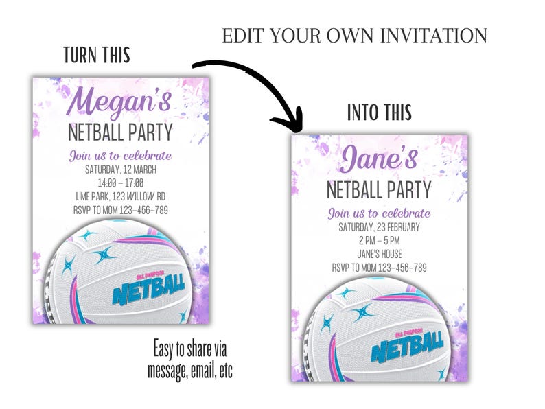 Netball Invitation Netball Birthday Invitation Netball Birthday Party ...
