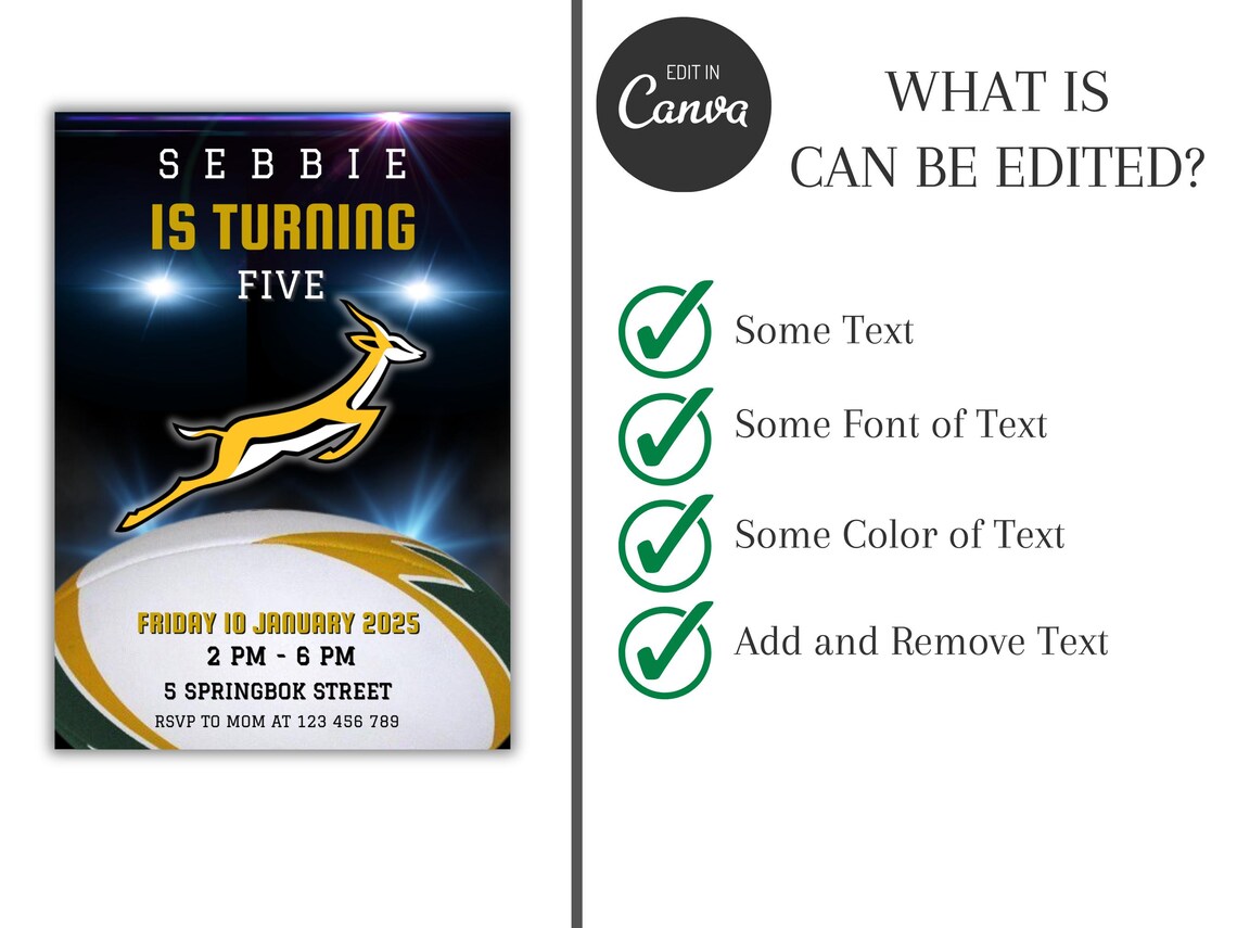Springboks Rugby Birthday Invitation: Editable Party Invite (5x7 Inch ...