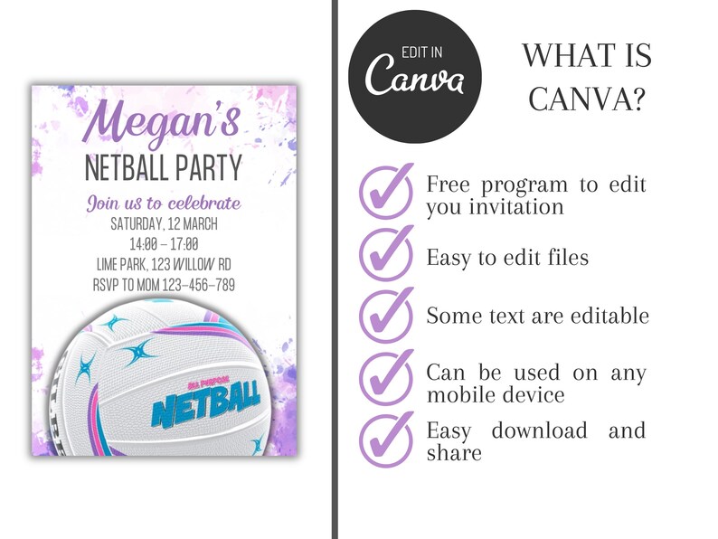 Netball Invitation Netball Birthday Invitation Netball Birthday Party ...